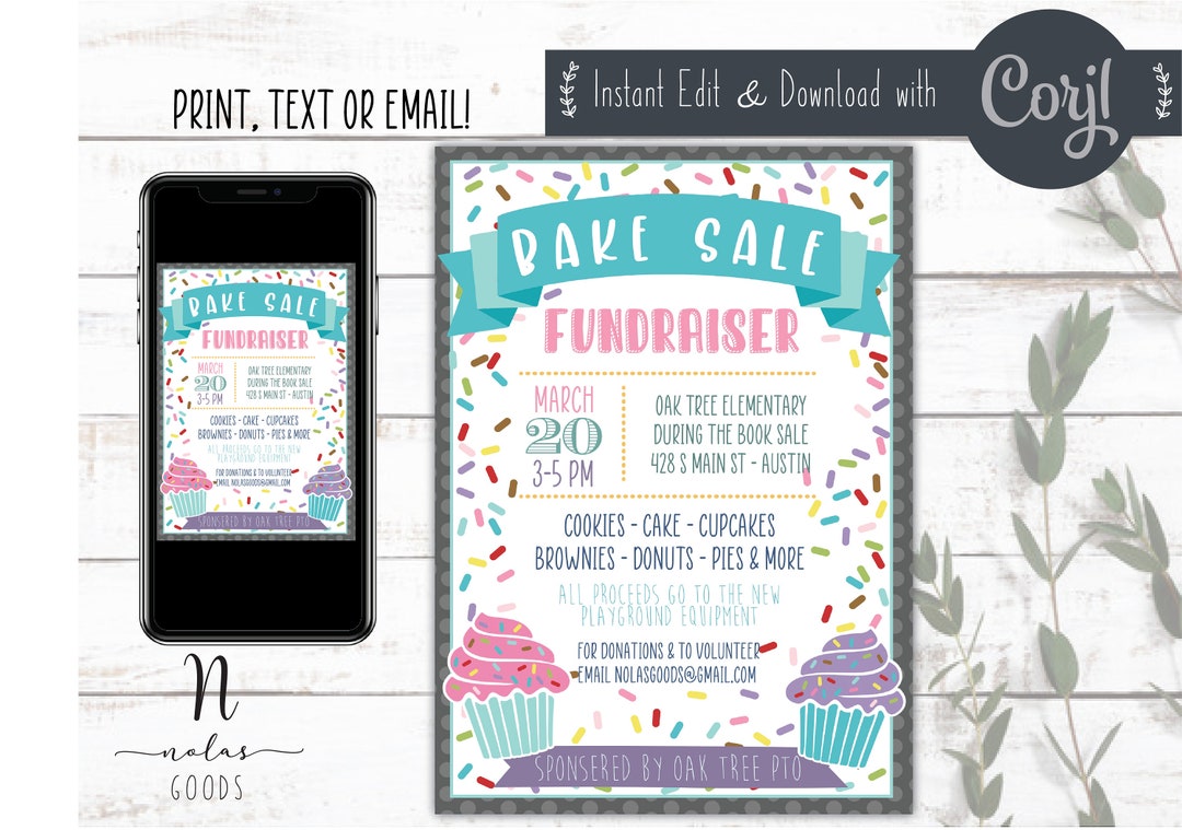 Bake Sale Fundraiser Printable, School Fundraiser Flyer Digital, Bake ...
