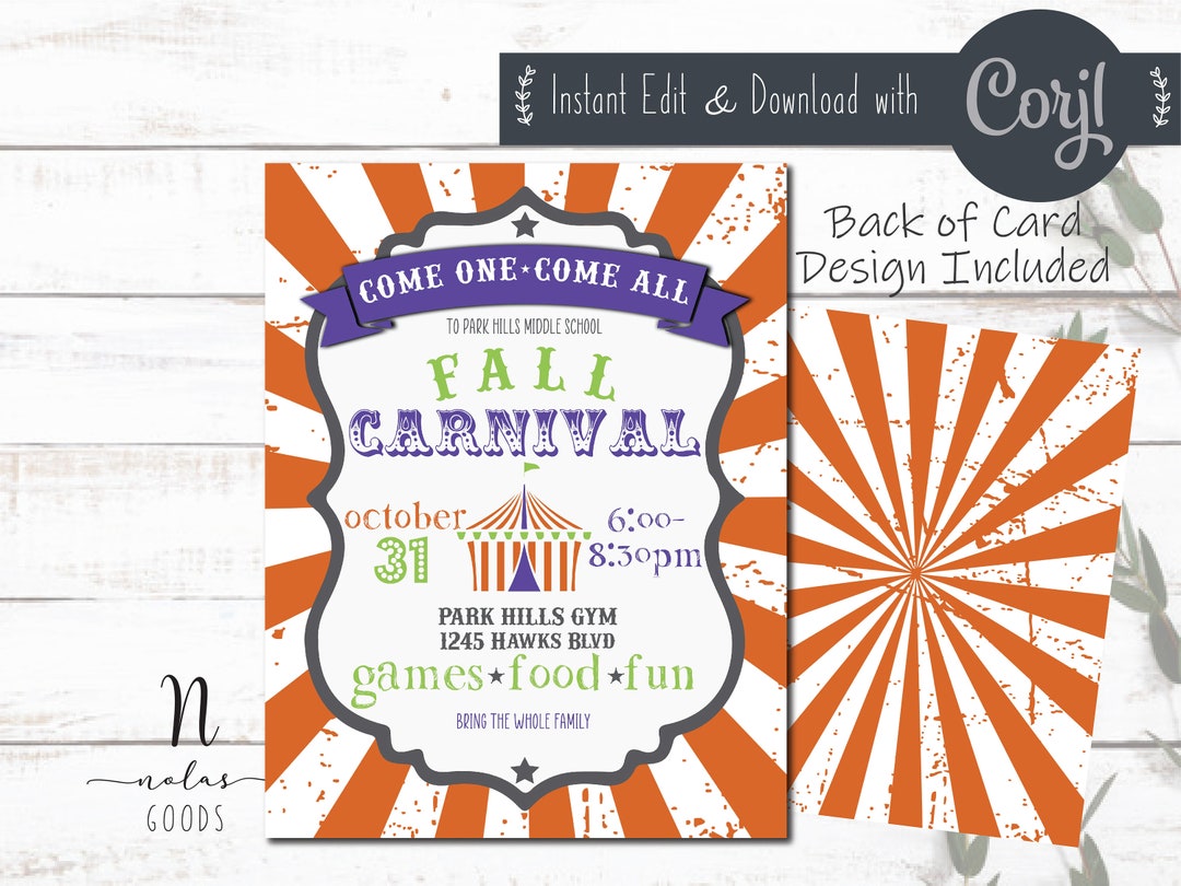 Fall Carnival Invitation Printable, School Festival Flyer Template ...