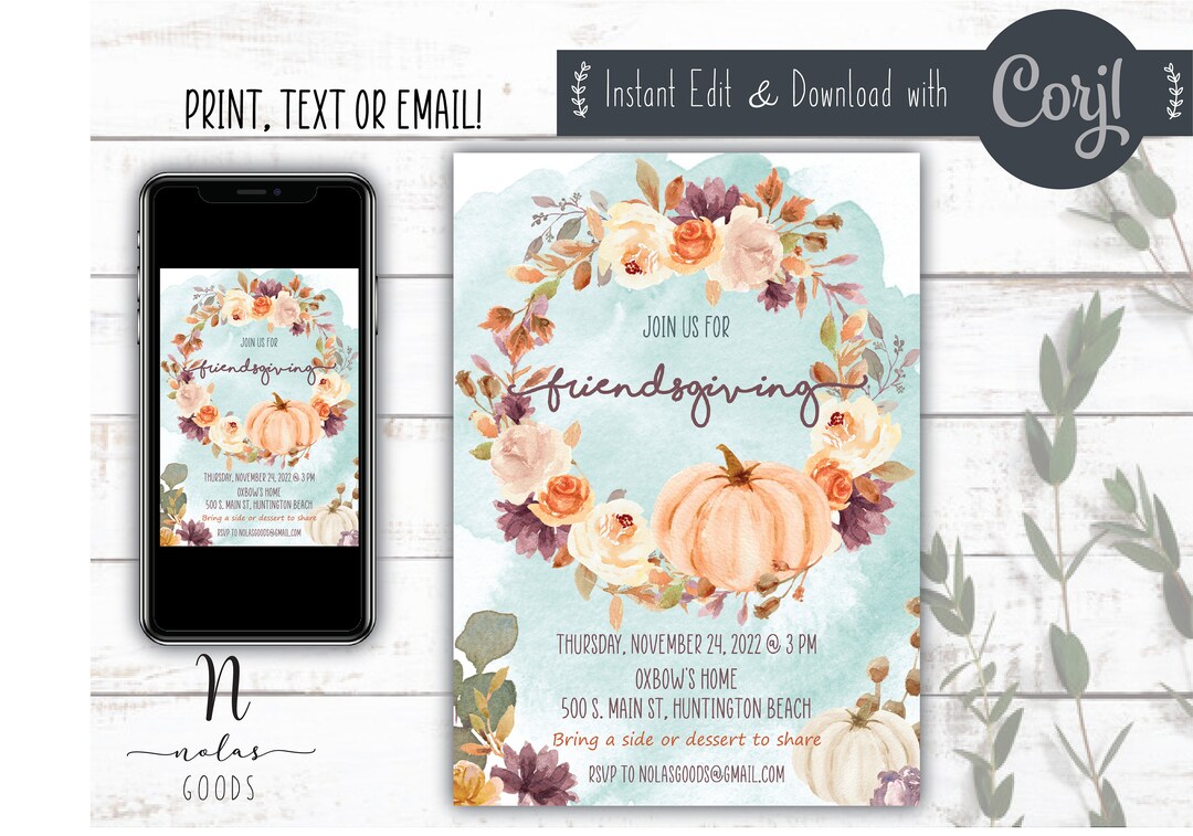 Editable Friendsgiving Invite Template, Friendsgiving Potluck Invite ...