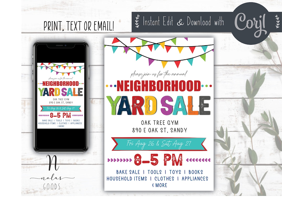 Neighborhood Yard Sale Sign Printable, Community Garage Sale Flyer ...