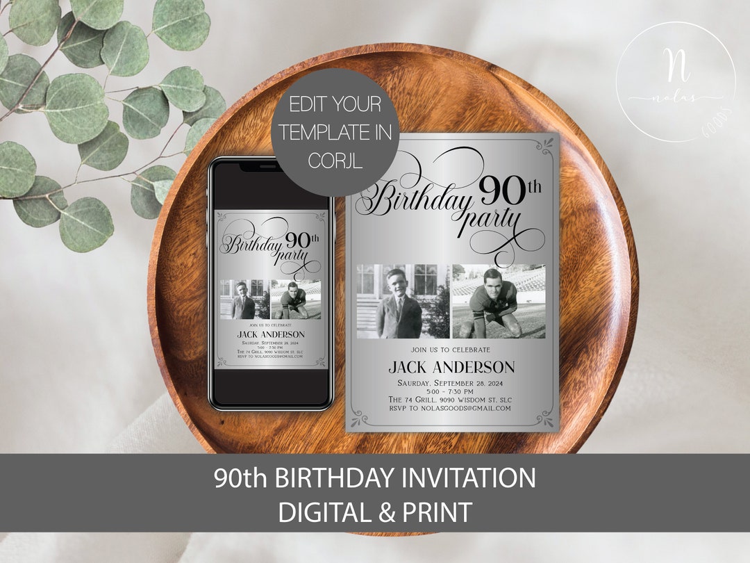 90th Birthday Invitation With Photo, 90th Birthday Party Invitation Man ...