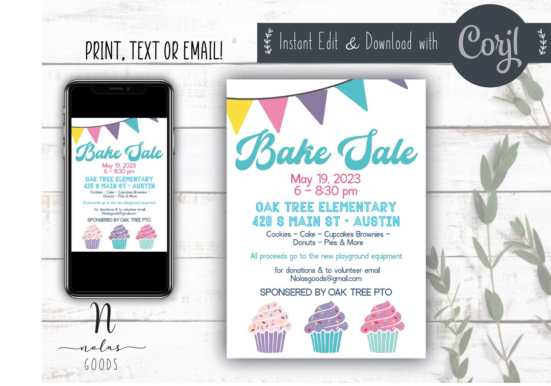 Bake Sale Fundraiser Printable, PTO Flyers, Bake Sale Flyer Template ...