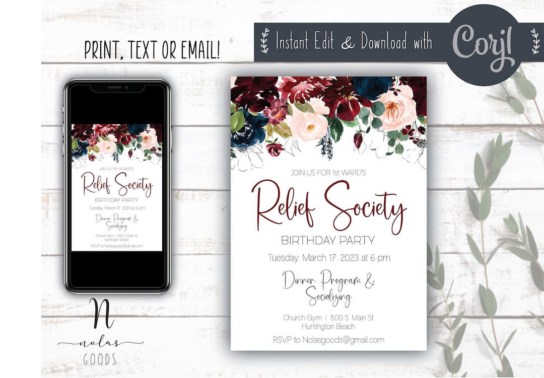 Relief Society Birthday Invitation, LDS Relief Society Invite, Relief ...