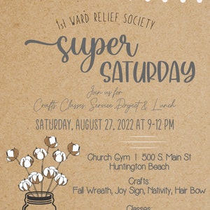 Relief Society Invitation Printable, Super Saturday Invitation Digital ...