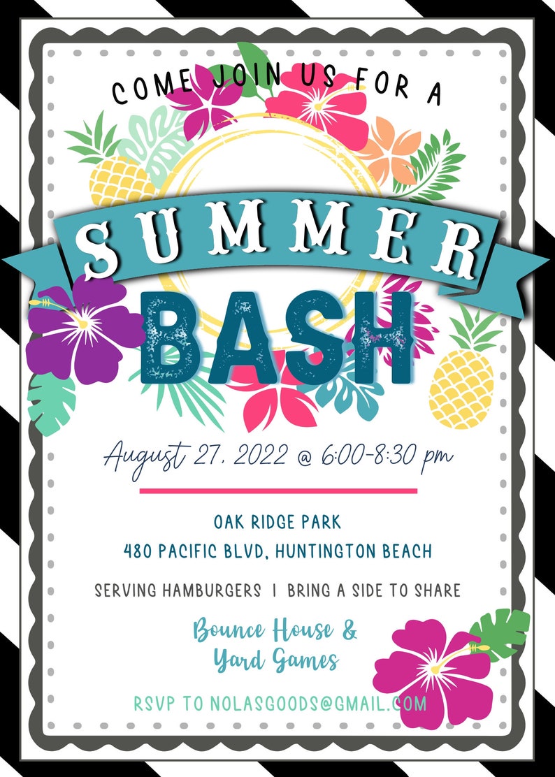 Summer Bash Invitation Digital Download, Luau Block Party, Summer Block ...
