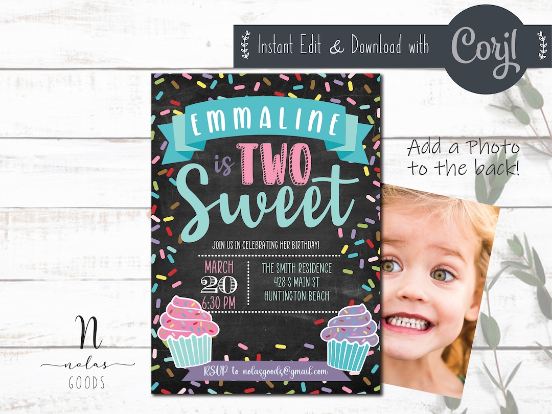 Two Sweet Birthday Party Invite Download, Cupcake Birthday Invite, Two ...