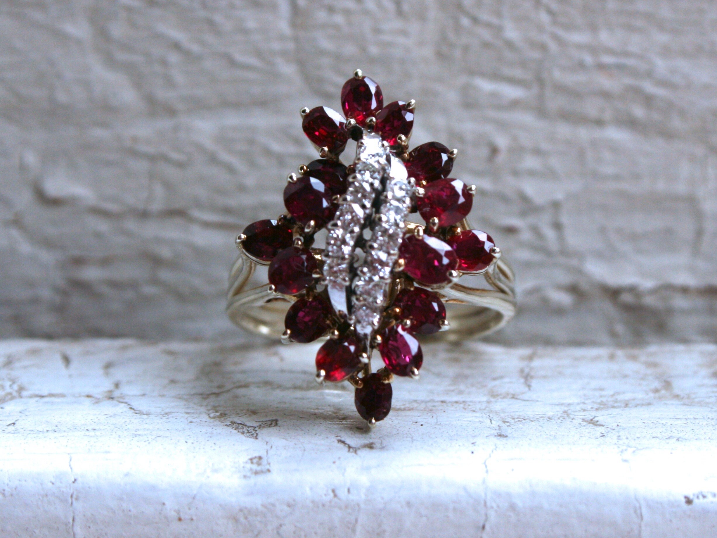 Vintage 14K White Gold Ruby and Diamond Cluster Ring 1.84ct. | Etsy