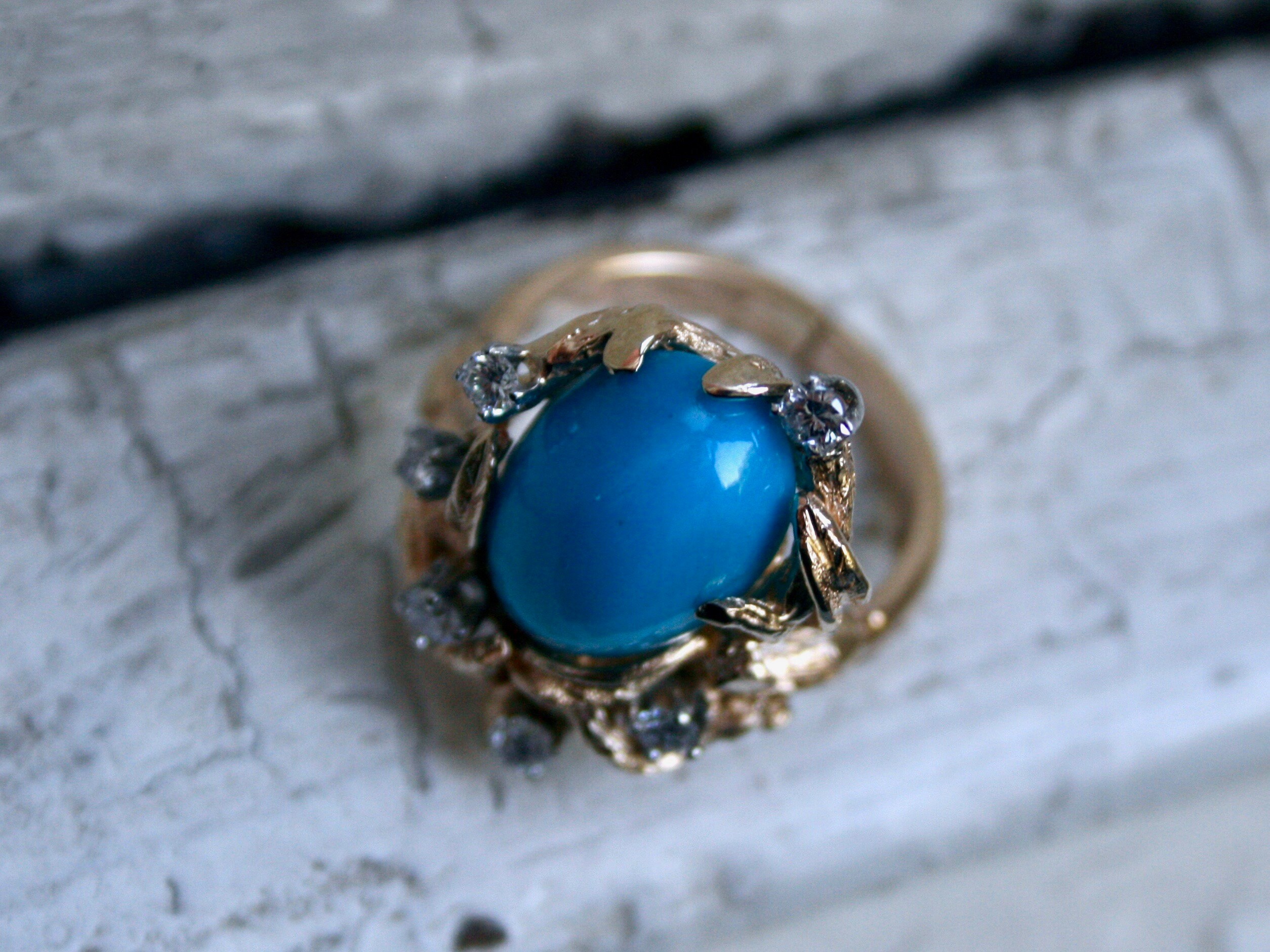 Gorgeous Antique 14K Yellow Gold Diamond and Turquoise Ring. - Etsy