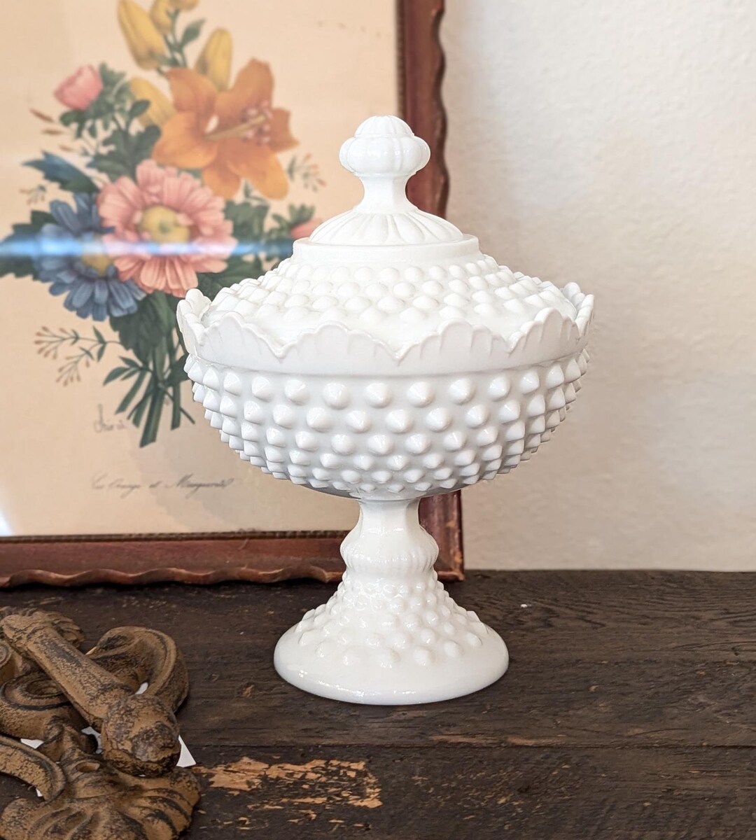 Vintage Fenton Covered Candy Dish Milk Glass Hobnail Pedestal Scalloped ...