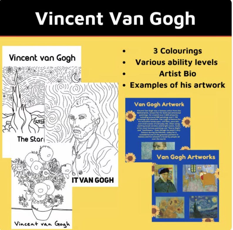 Vincent Van Gogh Colourings X3 and Artist Bio! - Etsy