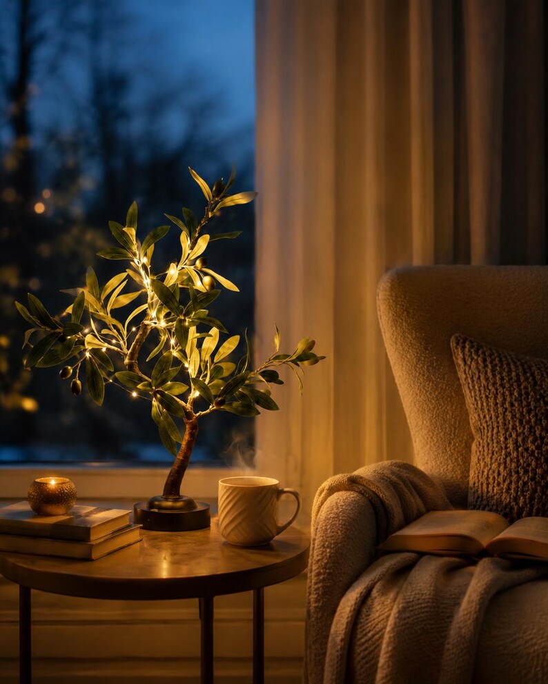 Faux Olive Tree Lamp | Fairy Lights, Boho Desk Night Light, Cozy Room ...