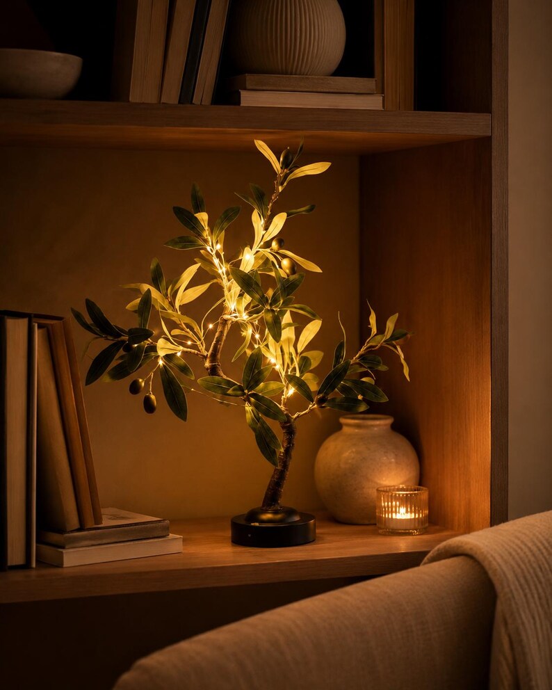 Faux Olive Tree Lamp | Fairy Lights, Boho Desk Night Light, Cozy Room ...