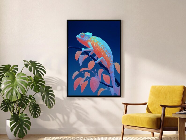 Chameleon Branch Art Poster Print, Colourful Lizard Wall Art, Modern ...