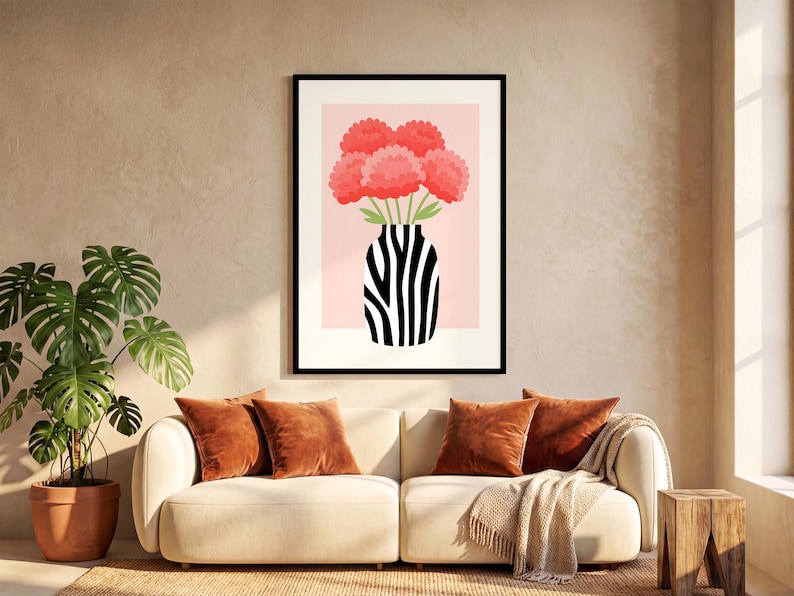 Pink Floral Vase Print, Modern Zebra Style Wall Art - Etsy