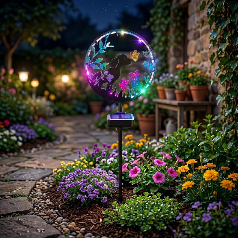Cat & Dog Solar Stake Licht, bunte LED runde Garten Pathway Licht ...