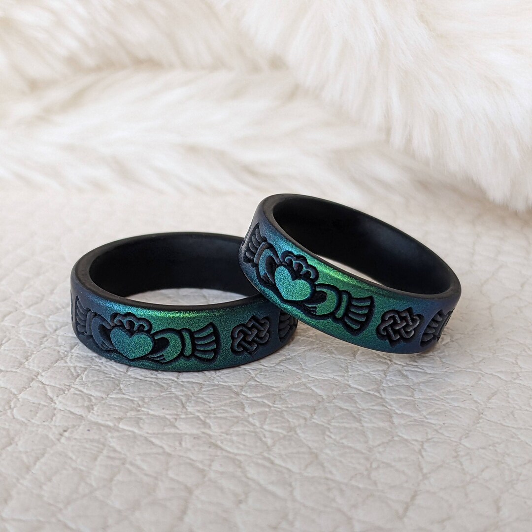 Claddagh Silicone Ring, Engraved Dual Layer in Enchanted Green, Gold ...