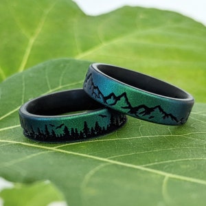 Forest or Mountain Silicone Ring in Iridescent Green or Blue Dual Layer ...