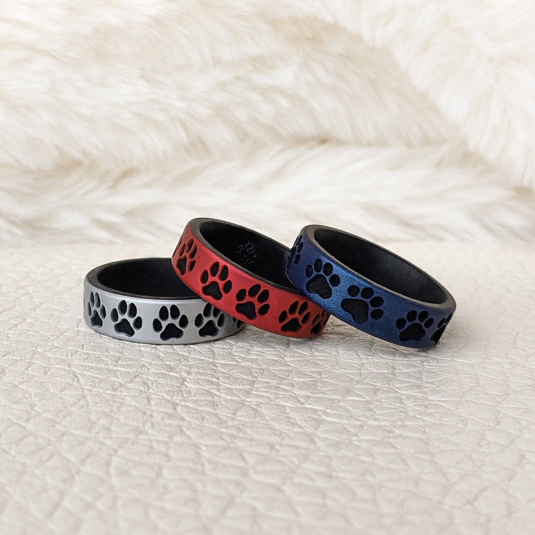 Cat Paws Dog Paws Silicone Ring, Engraved Dual Layer in Silver, Red or ...