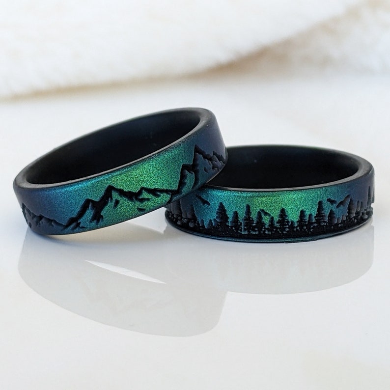 Forest or Mountain Silicone Ring in Iridescent Green or Blue, Dual ...