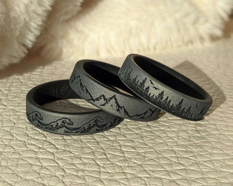Dark Silver Silicone Ring in Mountain Forest or Waves - Etsy
