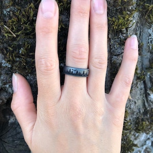 Dark Silver Silicone Ring in Mountain, Forest, or Waves - Engraved Dual ...