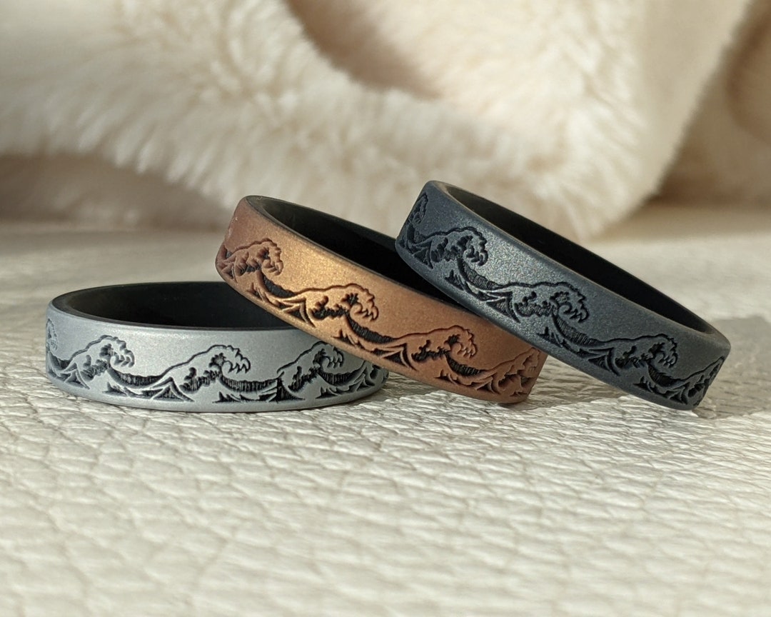 Engraved Ocean Waves Silicone Ring, Dual Layer in Silver, Dark Silver ...