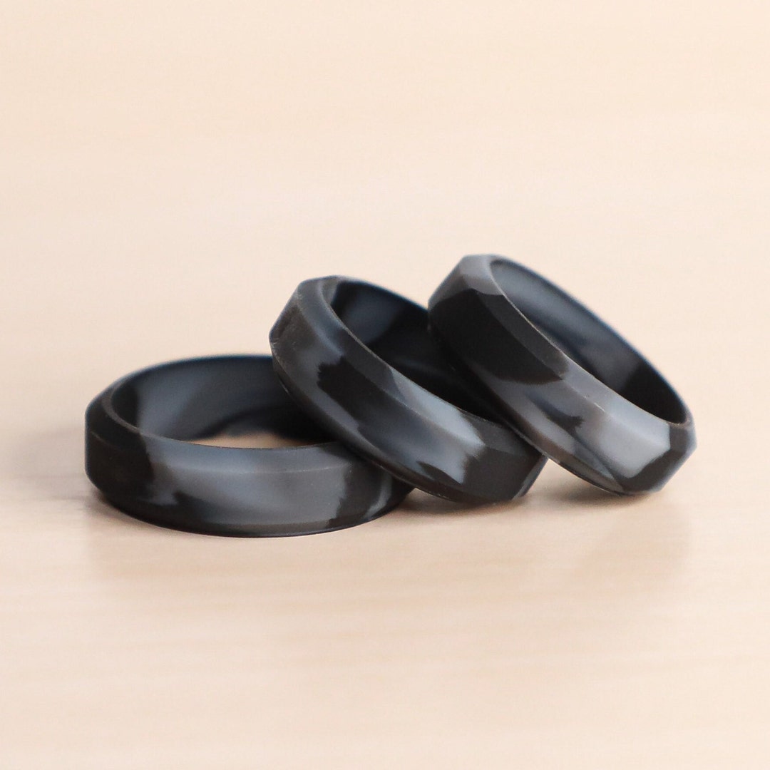 Black Marble Bevel Silicone Ring for Men, Breathable Rubber Wedding ...