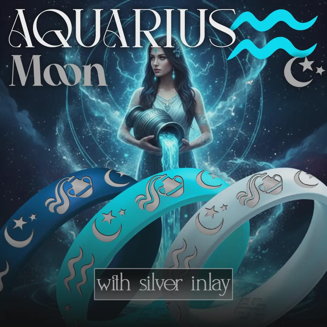 Aquarius Silicone Ring With Silver Inlay - Moon Sign Zodiac Ring Band ...