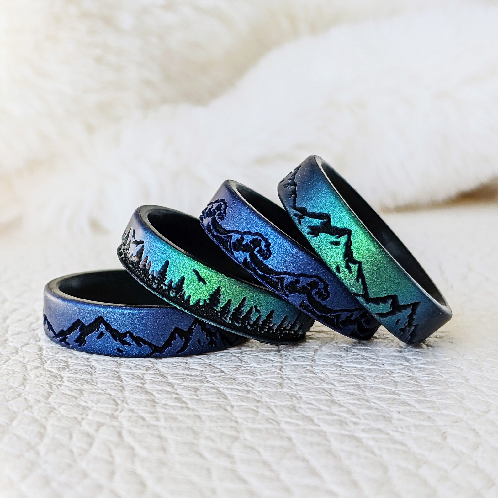 Forest or Mountain Silicone Ring in Iridescent Green or Blue Dual Layer ...