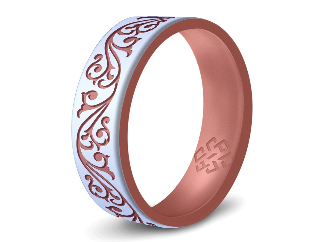 White Lace Rose Gold Silicone Ring Women, Filigree, Floral, Laurel Leaf ...