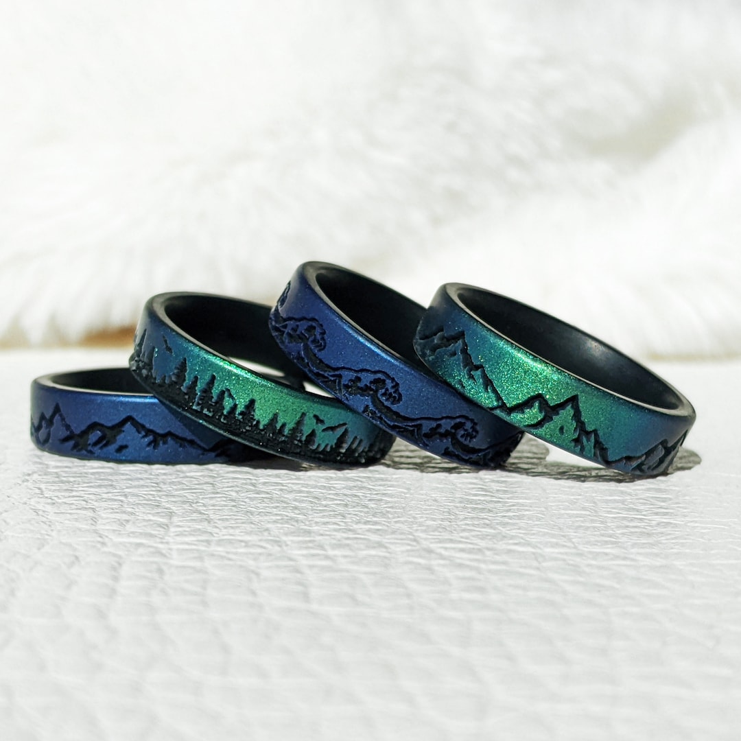 Forest or Mountain Silicone Ring in Iridescent Green or Blue Dual Layer ...