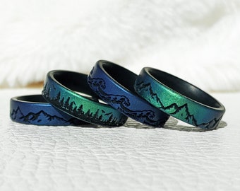 Dark Silver Silicone Ring in Mountain, Forest, or Waves - Engraved Dual ...