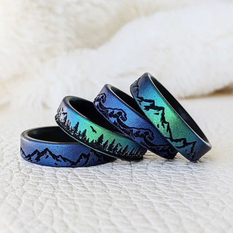Forest or Mountain Silicone Ring in Iridescent Green or Blue, Dual ...