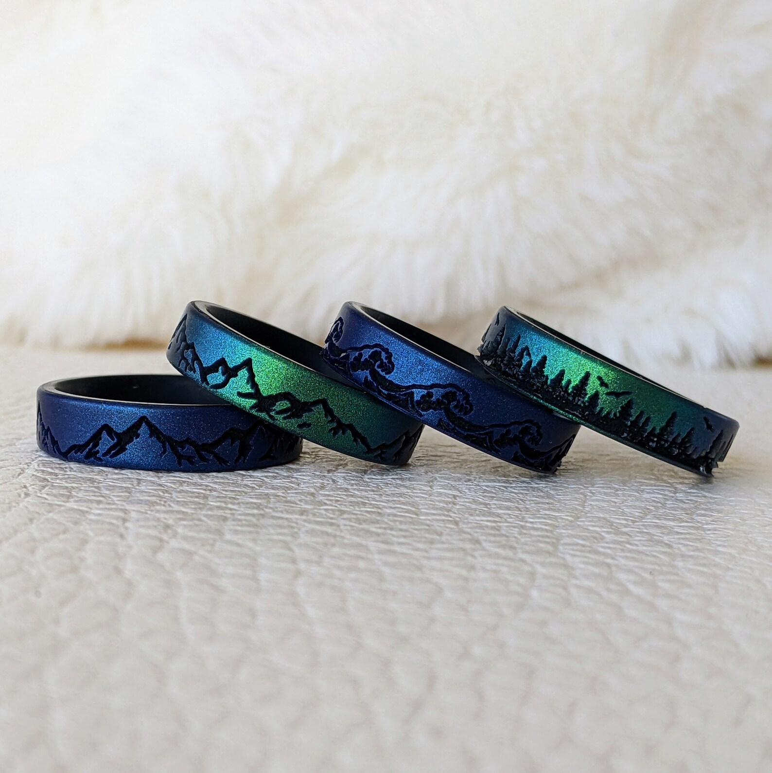 Forest or Mountain Silicone Ring in Iridescent Green or Blue Dual Layer ...