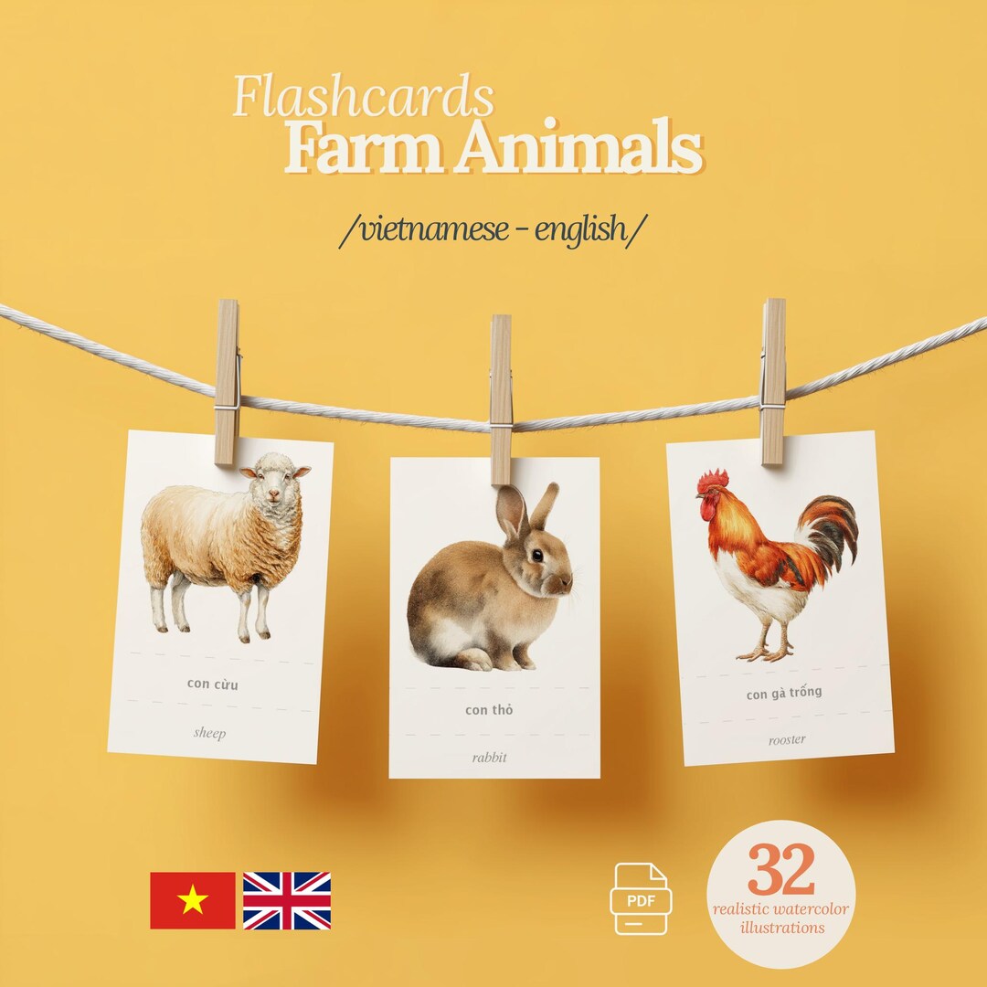 30+ Bilingual Farm Animals Flashcards, Vietnamese English Education ...