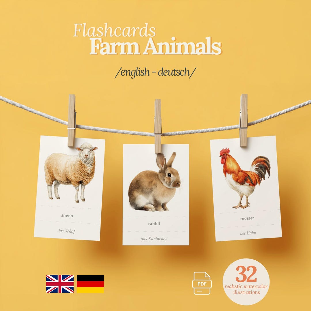 30+ Bilingual Farm Animals Flashcards, English German Learning ...