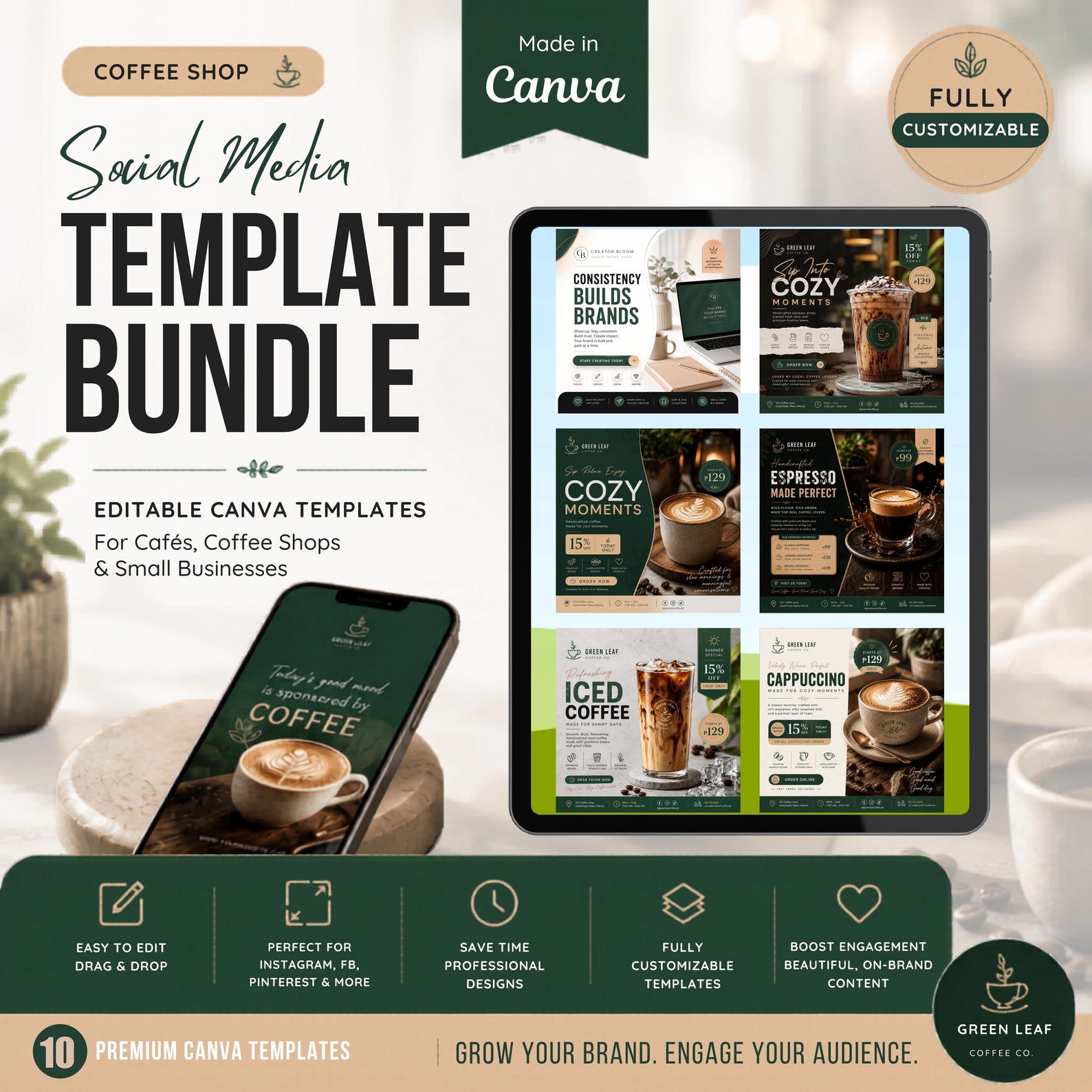 Editable Coffee Shop & Beverage Canva Templates Bundle | Facebook Post ...