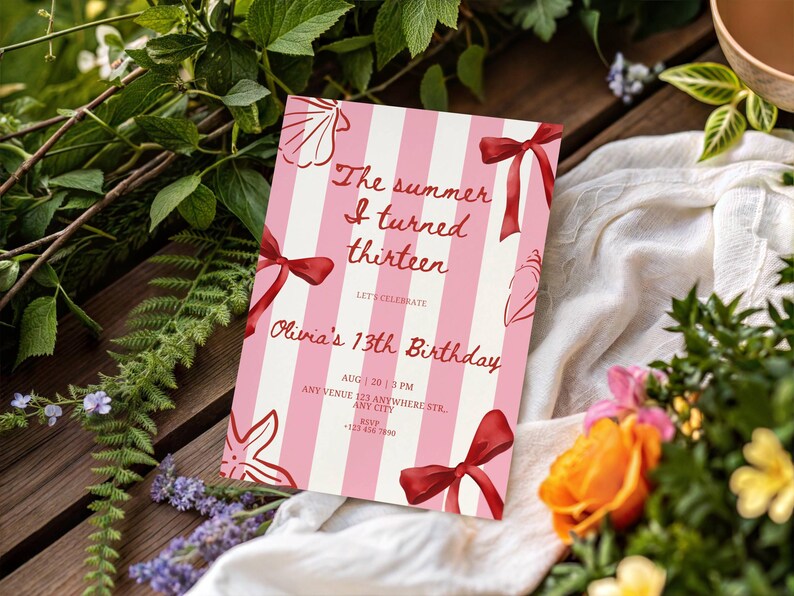 Coquette Girl 13th Birthday Invitation, Pink Bow Coastal Beach, Preppy ...