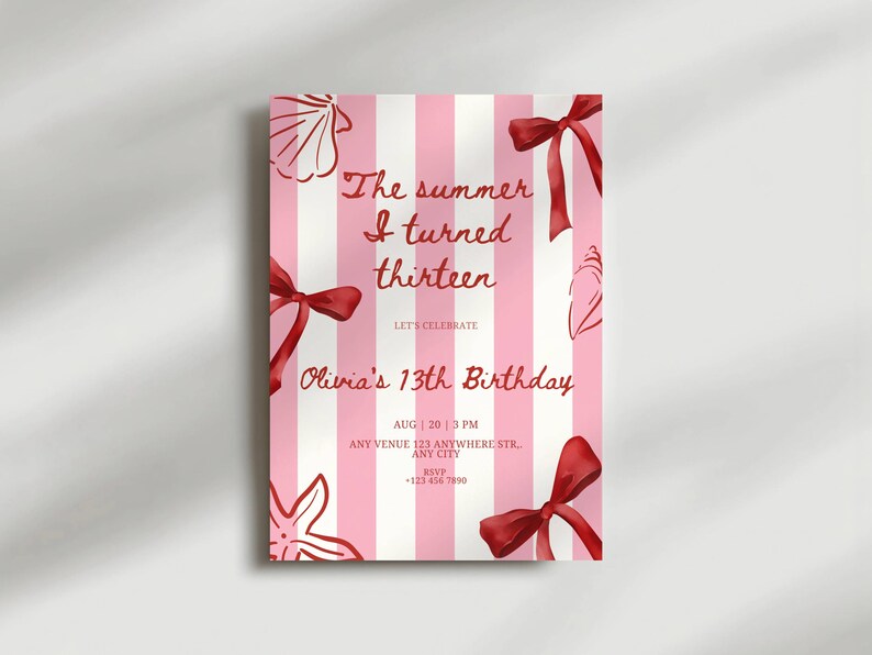 Coquette Girl 13th Birthday Invitation, Pink Bow Coastal Beach, Preppy ...