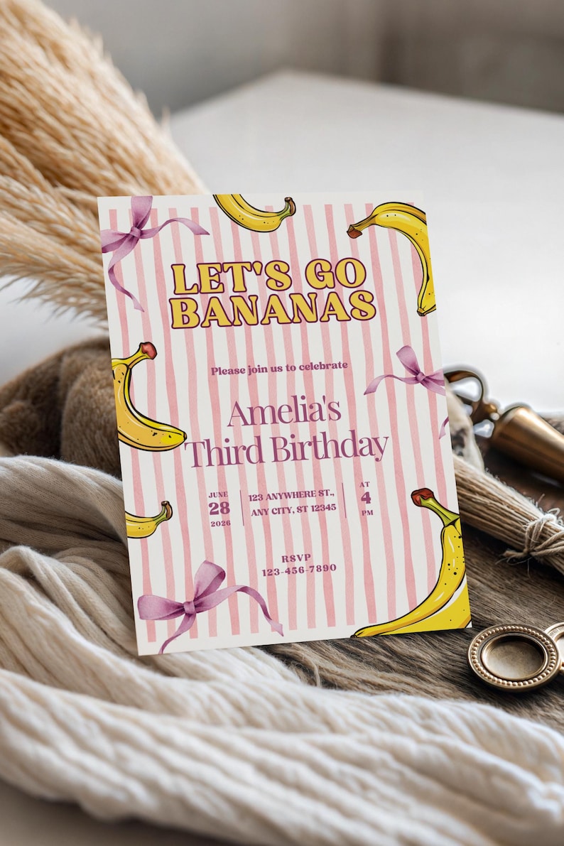 Lets Go Bananas Coquette Girl Birthday Invitation, Pink Purple Bow ...
