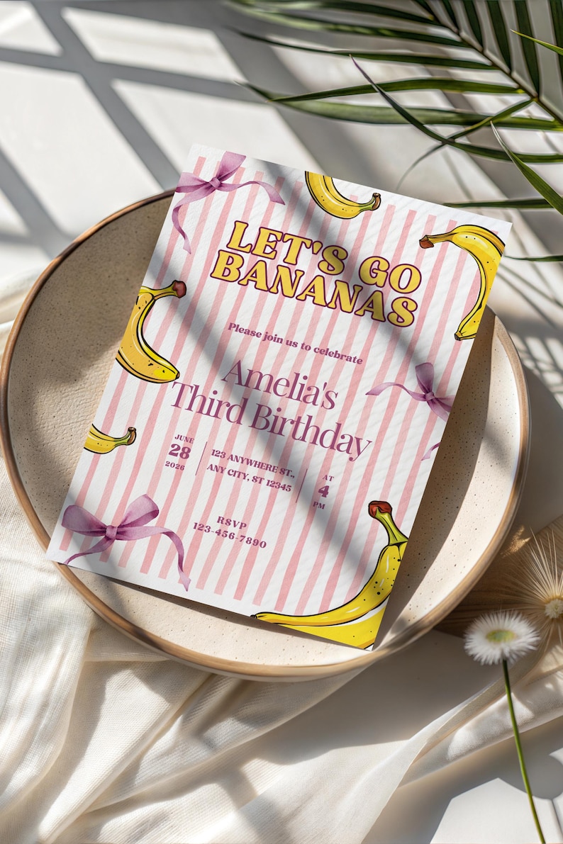 Lets Go Bananas Coquette Girl Birthday Invitation, Pink Purple Bow ...