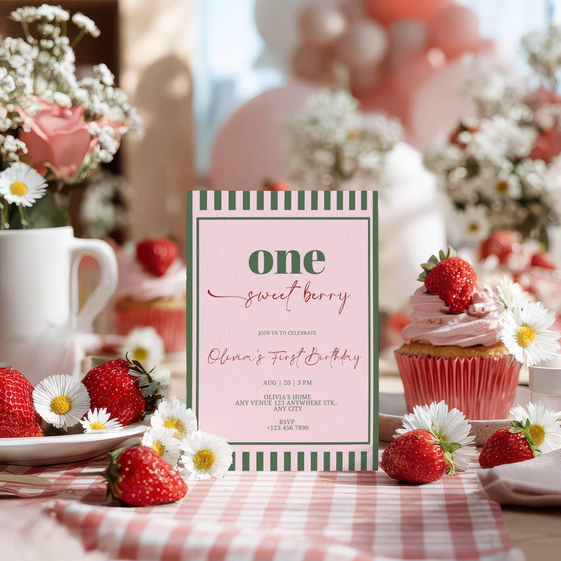Berry Sweet First Birthday Invitation, Matcha Strawberry Elegant Invite ...