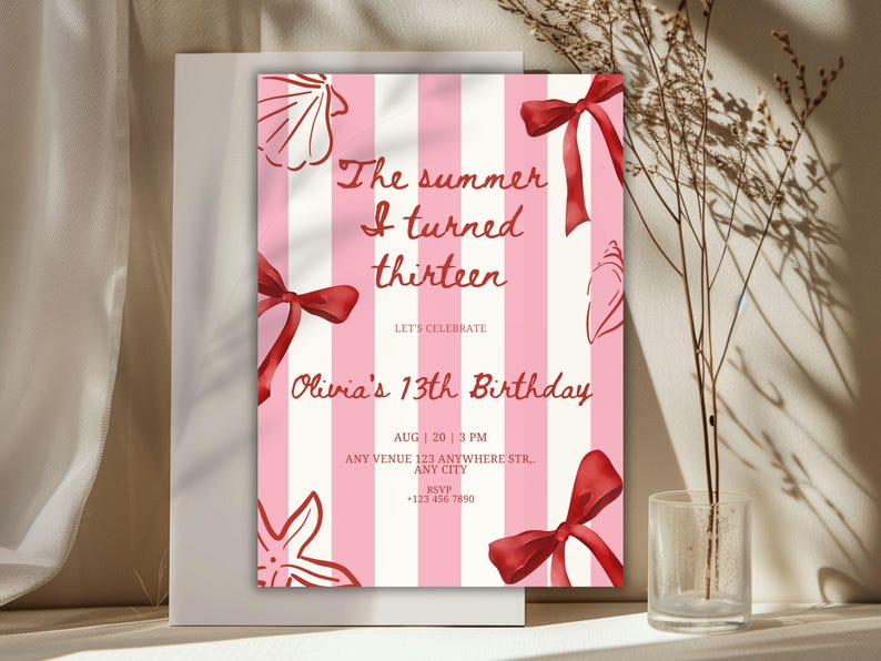 Coquette Girl 13th Birthday Invitation, Pink Bow Coastal Beach, Preppy ...
