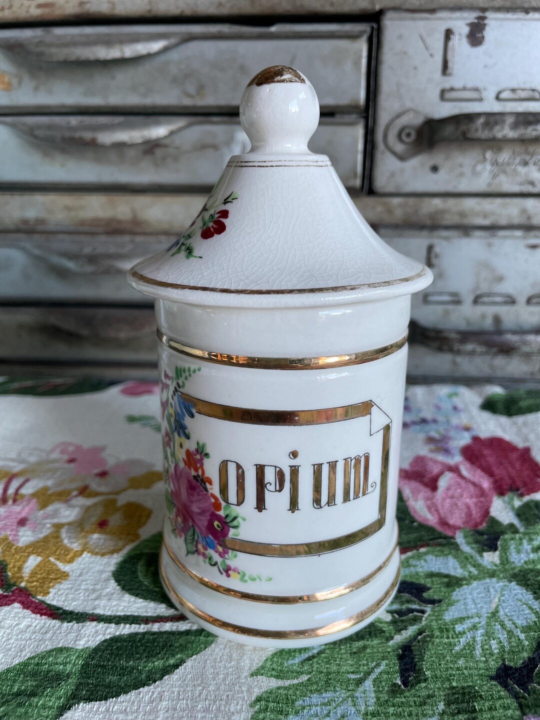 Vintage Original Opium Jar Lidded Porcelain Floral Apothecary Made in ...
