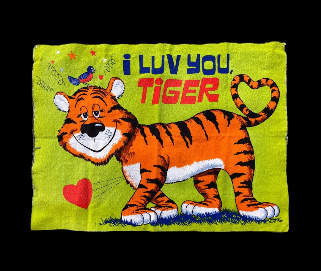 Vintage 60s 70s Tiger Tapestry Wall Hanging Kids Room I Luv You Heart ...