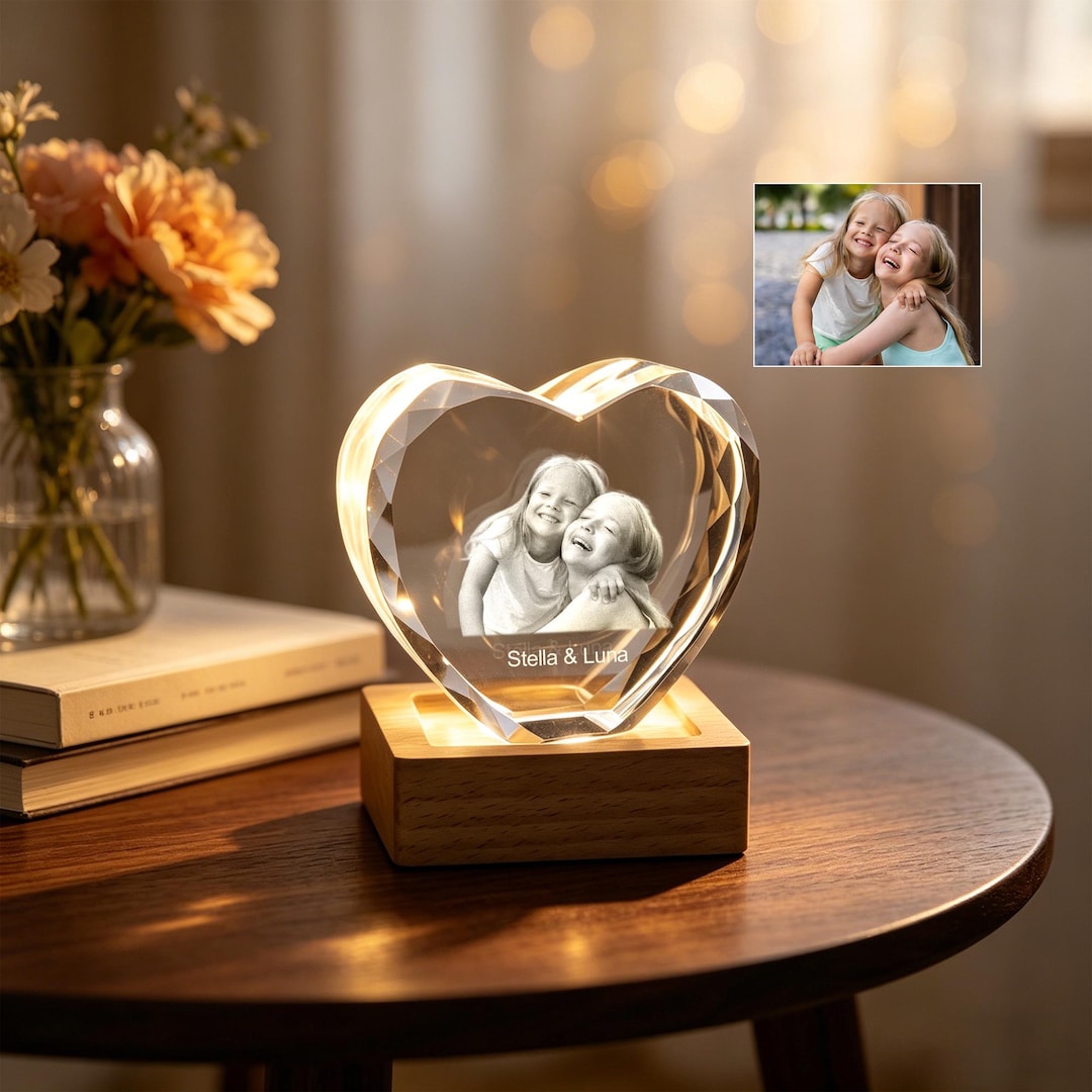 Personalized Heart 3D Crystal Photo LED Lamp,custom Laser Etched Glass ...