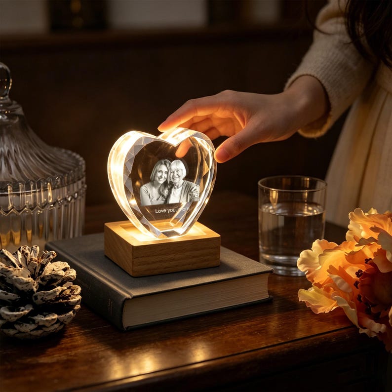 Personalized Heart 3D Crystal Photo LED Lamp,custom Laser Etched Glass ...