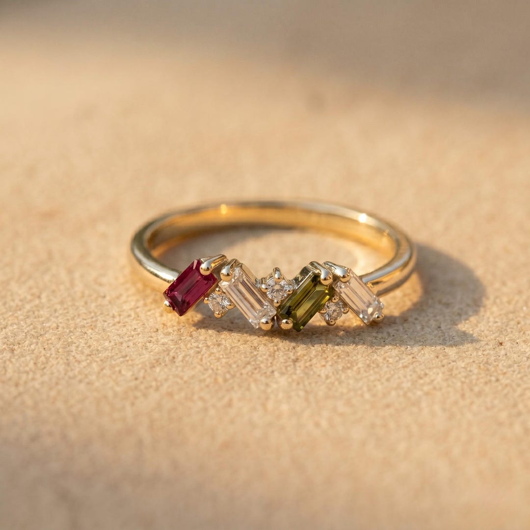 Minimalist Baguette, Gemstone Ring, Gold Silver Stackable Birthstone ...