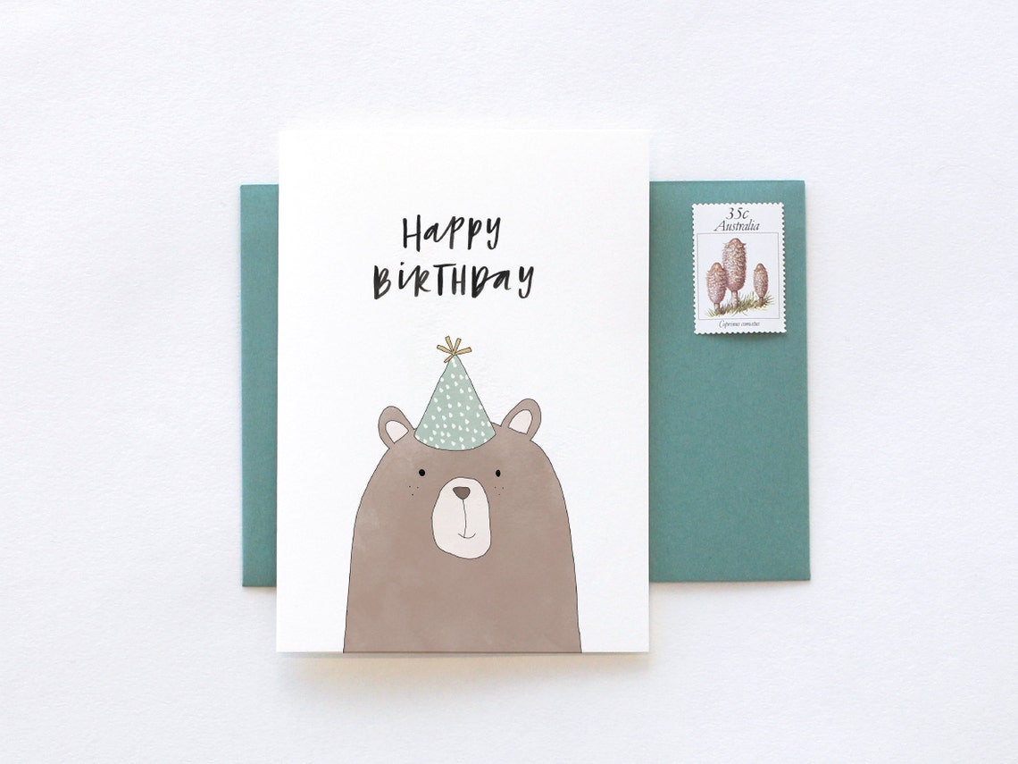 Cute Birthday Bear Illustration Greeting Card | Etsy