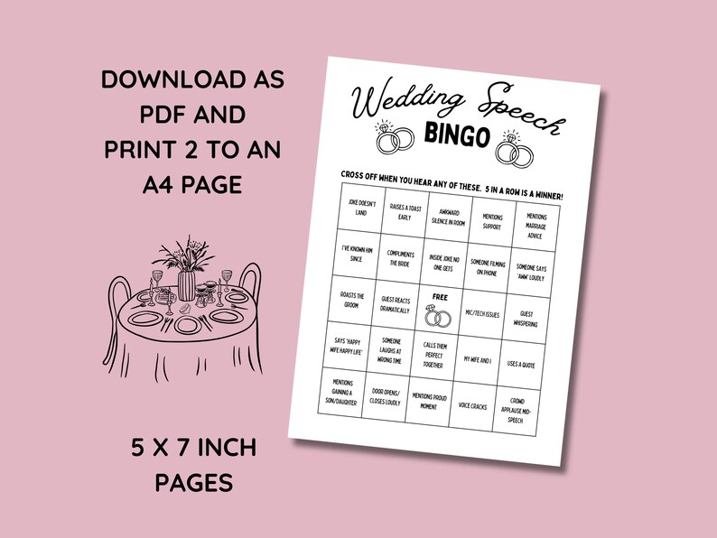 Wedding Speech Bingo Reception Game, Interactive Party Activity ...